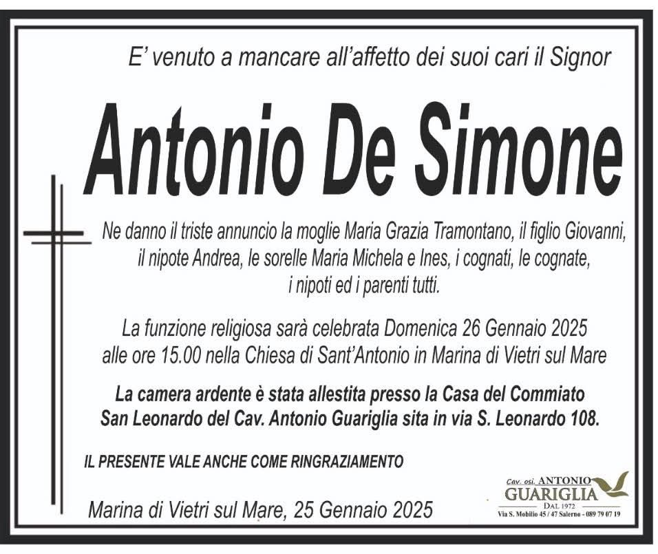 Vietri sul Mare in lutto per la scomparsa di Antonio De Simone - Ulisse ...